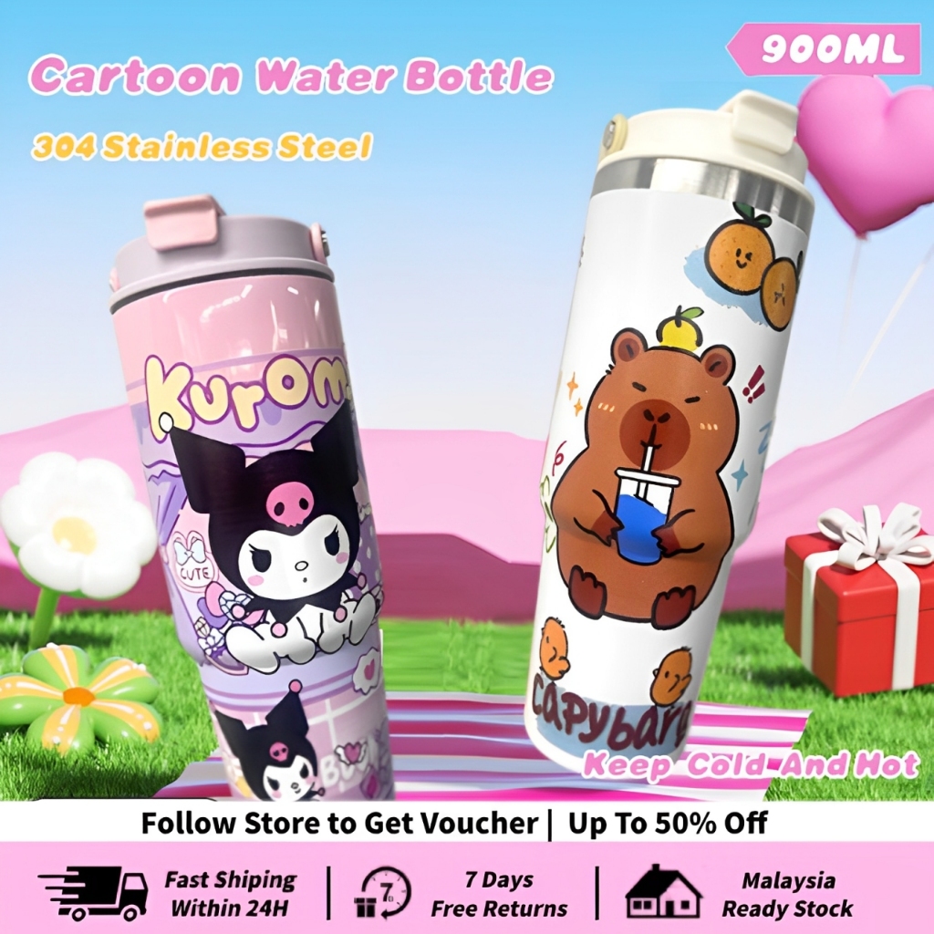 【48H Delivery】900ml Thermal Water Bottle Cartoon Kuromi Capybara ...