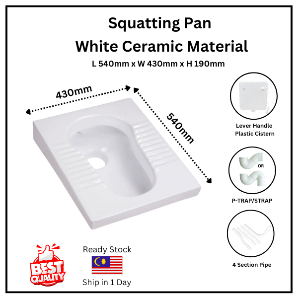 540mm White Rectangular Ceramic Squatting Pan With Integral Footrest ...
