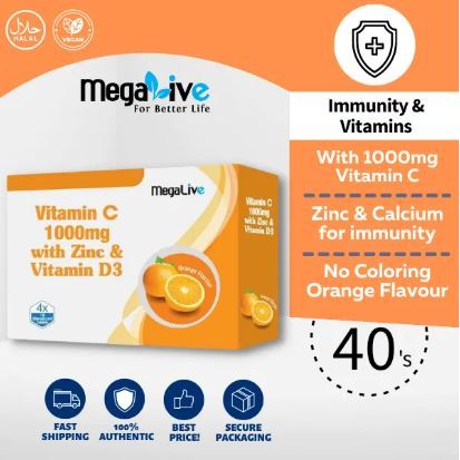 MEGALIVE VIT C 1000 MG WITH ZINC & VIT D3 ORANGE 40 EFFERVESCENT TABLETS | Shopee Malaysia