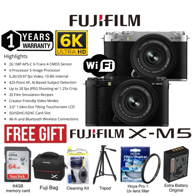 FUJIFILM XM5 X-M5 15-45MM KIT LENS SET FULL PACKAGES (1 YEARS WARRANTY) FREE EXTRA BATTERY/BAG ...