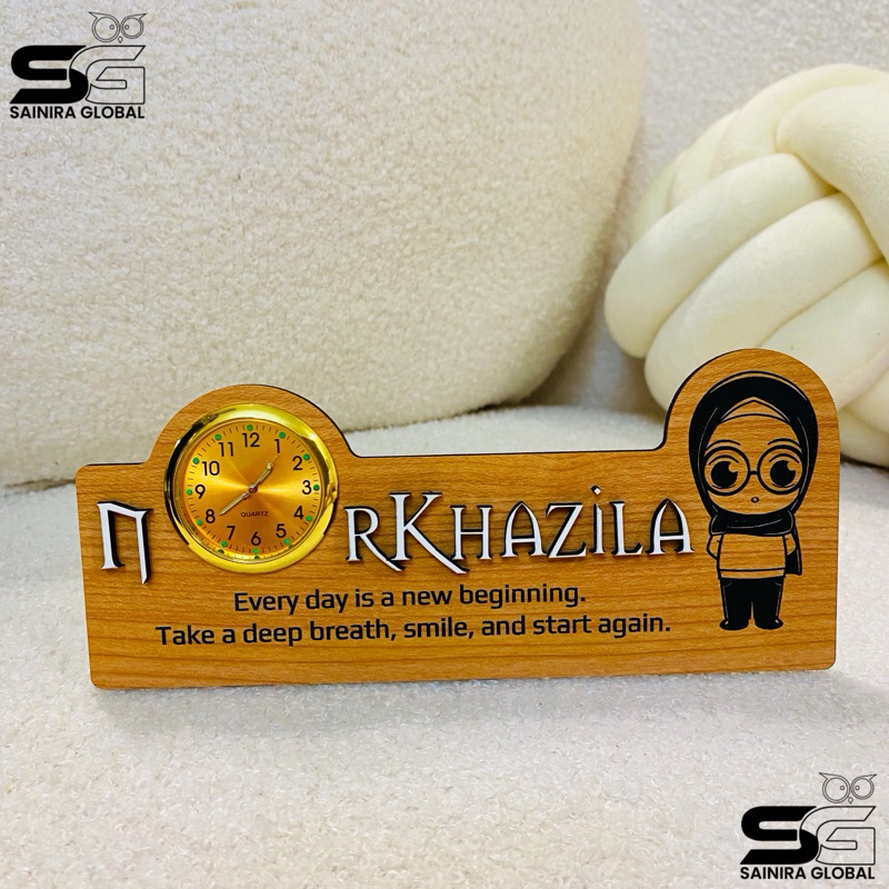 SIGNAGE STAND WITH CLOCK ENGRAVE / TANDA NAMA MEJA / CUSTOM TABLE NAME ...