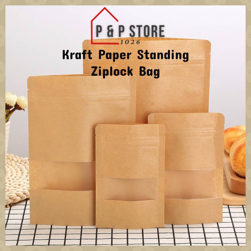 Kraft Paper Stand Pouch with Window Food Ziplock Packaging Paper Bag Plastik Goodies Ziplock ...