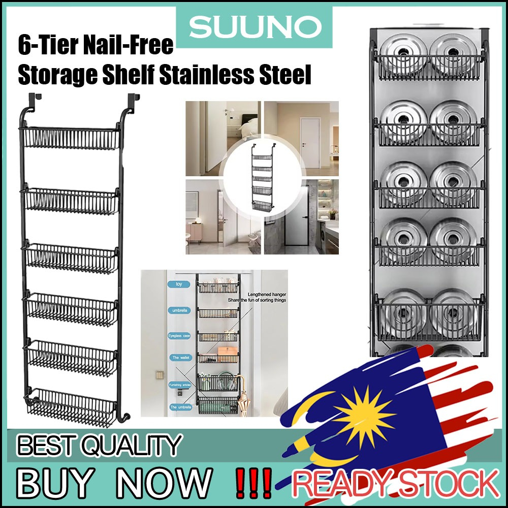 6-Tier Nail-Free Storage Shelf Stainless Steel Over-the-Door Pantry ...