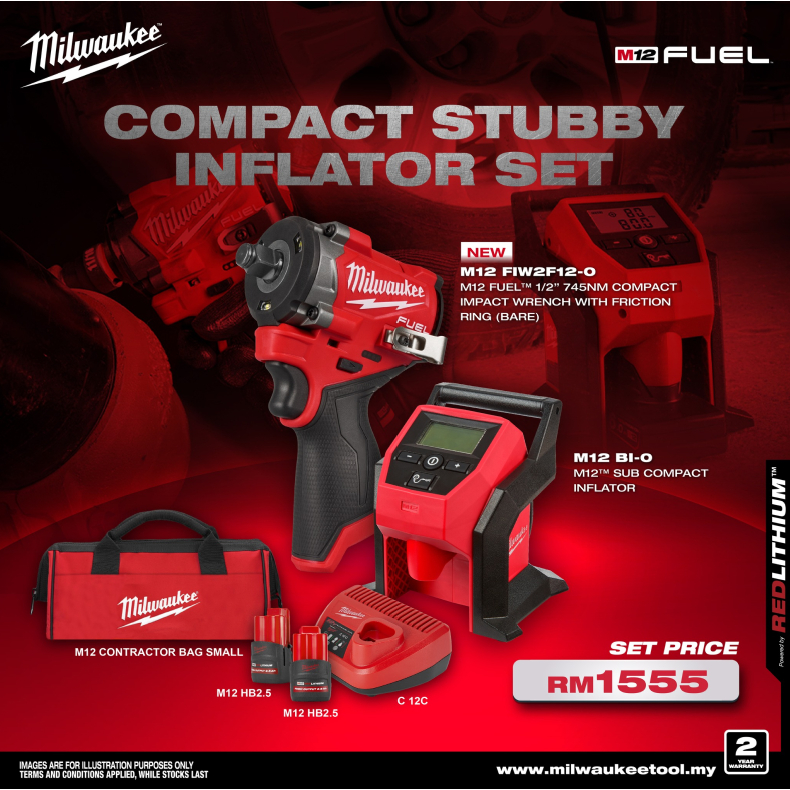 MILWAUKEE M12 Compact Stubby Inflator Set - M12 FIW2F12 / M12 BI ...