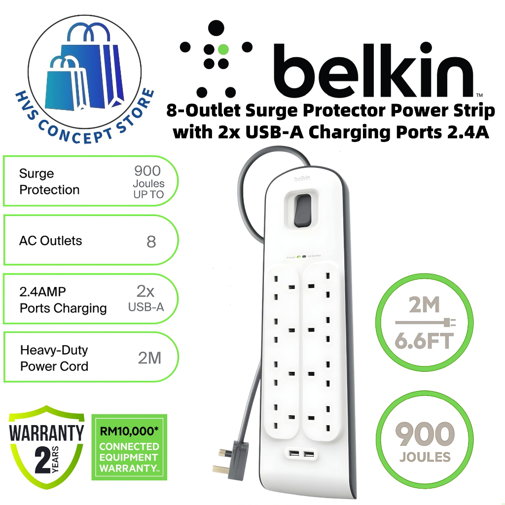 BELKIN 8-OUTLET SURGE PROTECTOR POWER STRIP WITH 2x USB-A CHARGING ...