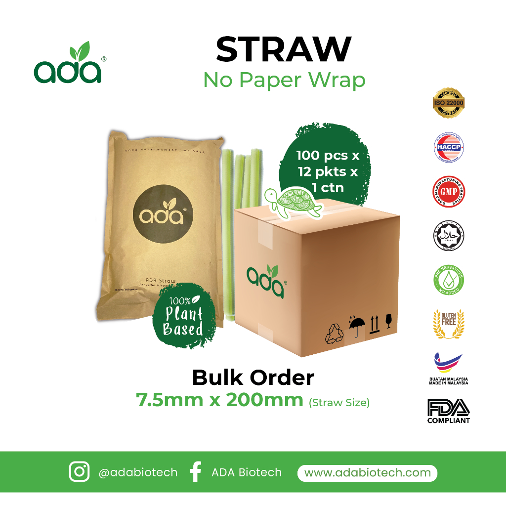 ADA STRAW 7.5mm (100 pcs x 12 pack/ctn) Rice straws, 100% Food Based ...