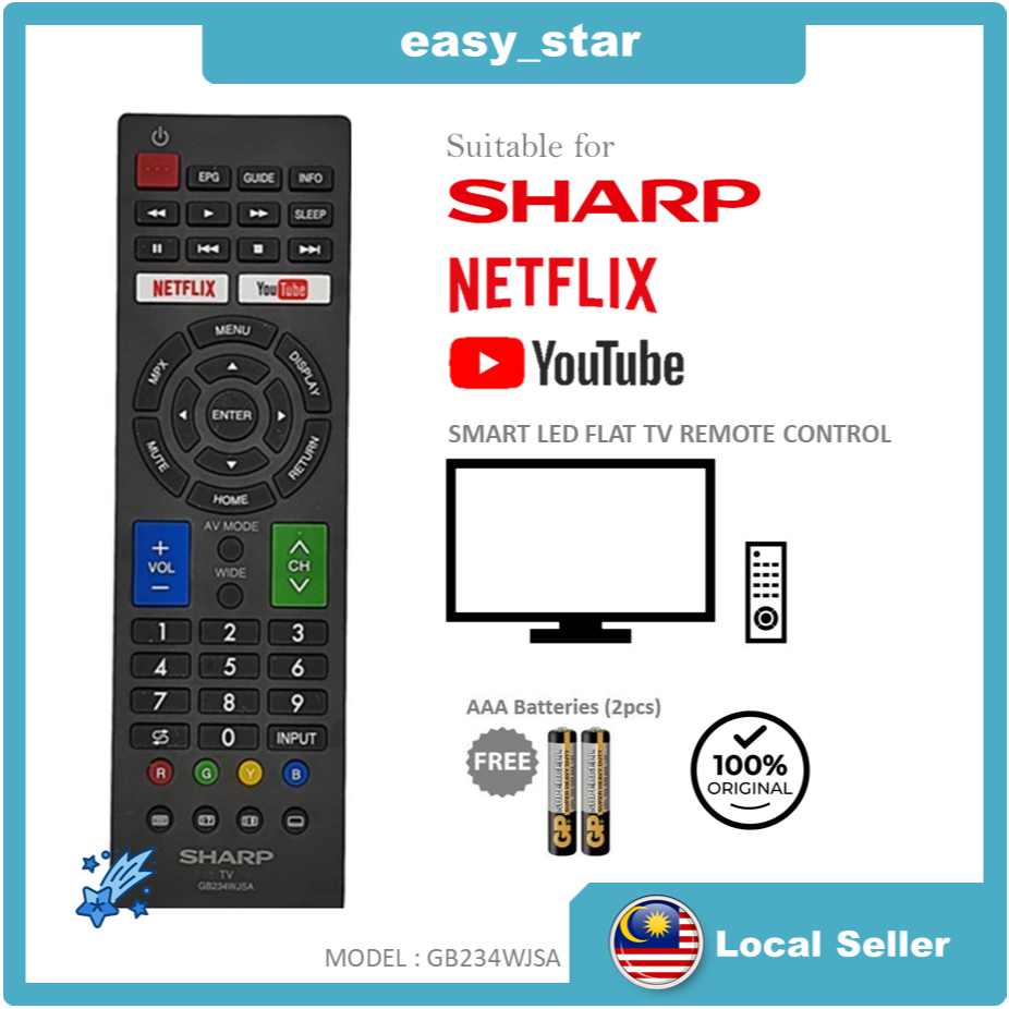 100% Genuine Original Sharp Youtube Netflix Smart LED Flat Panel TV Remote Control (GB234WJSA ...