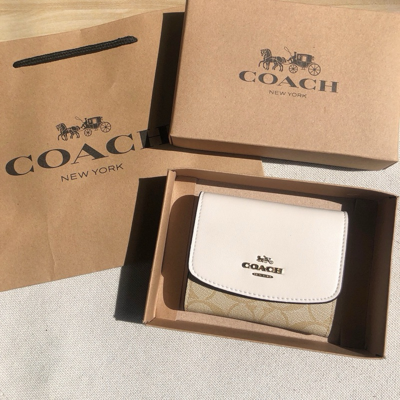 ORIGINAL Coach Outlet Small Wallet In Signature Canvas Khaki Chalk ...