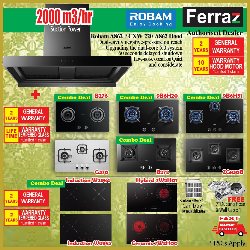 [ COMBO OFFER ] Robam A862 Cooker Hood with Hob B272/B276/B9B6H20/9B6H31/ZG830B/G370/7W2H00 ...