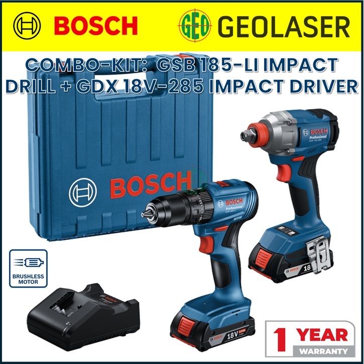 BOSCH 18V CORDLESS COMBO KIT GDX 18V-285 Impact Driver / Wrench + GSB 185-Li HAMMER DRILL ...