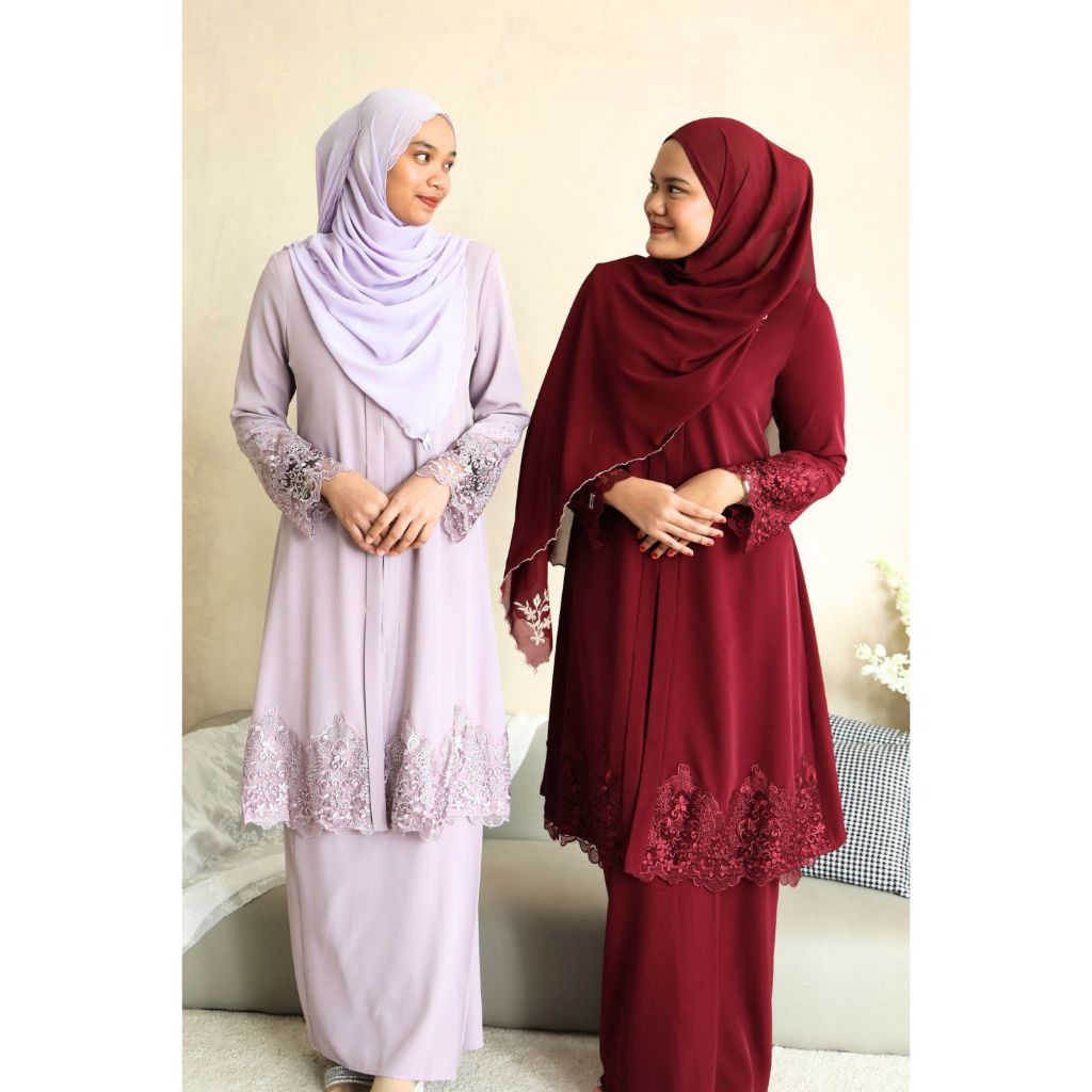 KEBAYA LABUH LACE KEBARUNG LOOSE KEBAYA MODEN BURGUNDY MAROON NAVY BLUE ...