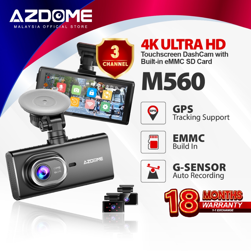 AZDOME M560-3CH 2160P/4K Ultra HD 3 Channel Front & Rear DashCam Night ...