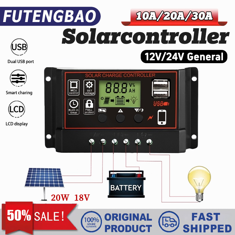 12v/24v PWM Solar Charge Controller Panel 10A 20A 30A Dual USB Port LCD Display Solar Power ...