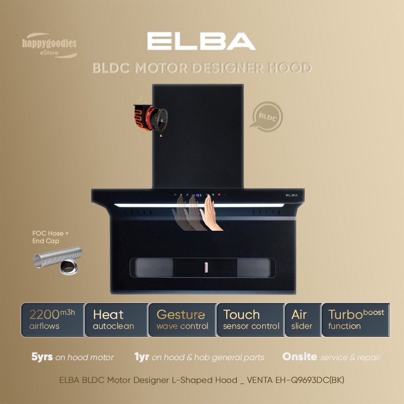ELBA BLDC Motor L-Shaped Designer Hood VENTA EH-Q9693DC(BK) 2200m3h Airflows | Shopee Malaysia
