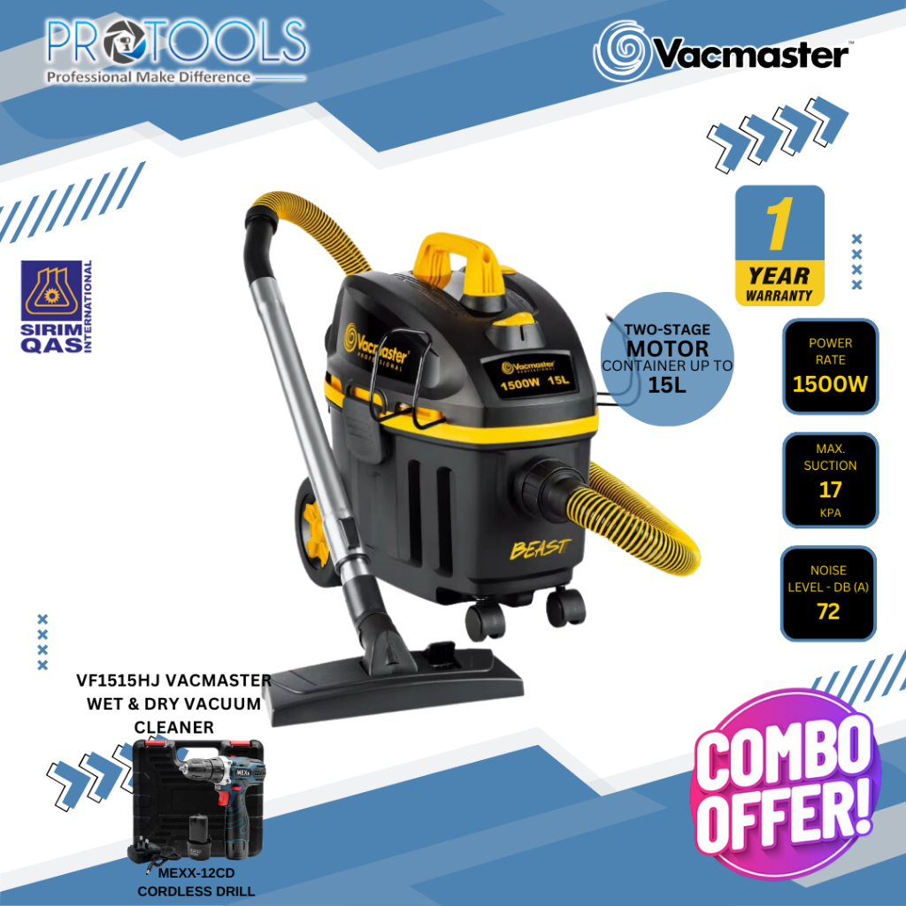 VACMASTER VF1515HJ 15L INDUSTRIAL GRADE 2 STAGE MOTOR WET & DRY VACUUM ...