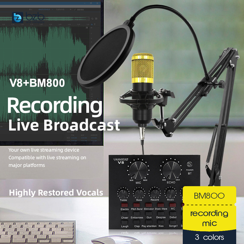 BM800 USB Sound Card With Adjustable Microphone Condenser Recording Mic Kit Broadcast Vocal HD ...