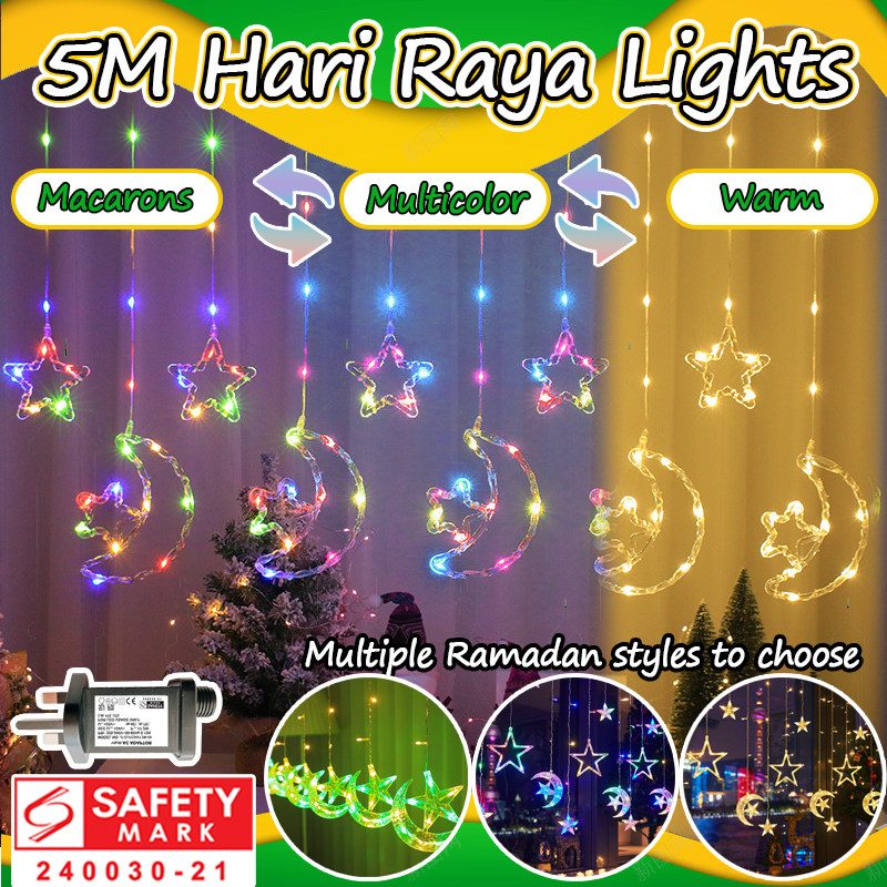 3Colors Lampu Raya 5Meters 11Modes LED Star Moon Ramadan Light Curtain ...