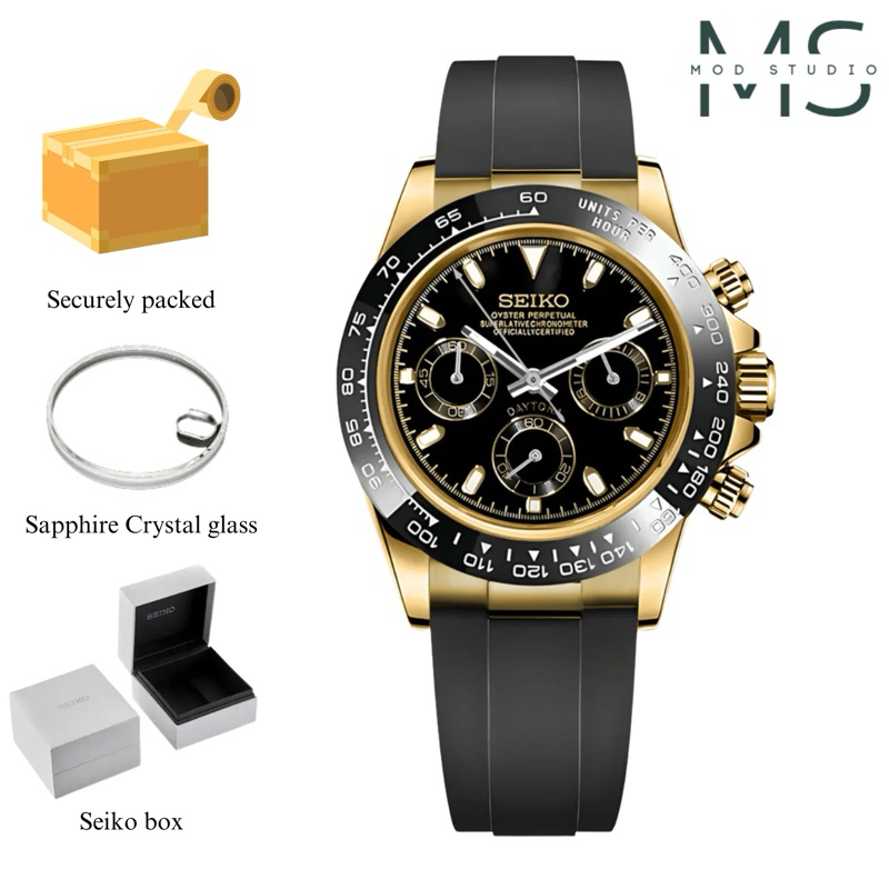 SEIKOLEX SEIKO MOD VK63 BLACK GOLD RUBBER STRAP SILICON STRAP DAYTONA BLACK GOLD MODIFY WATCH ...