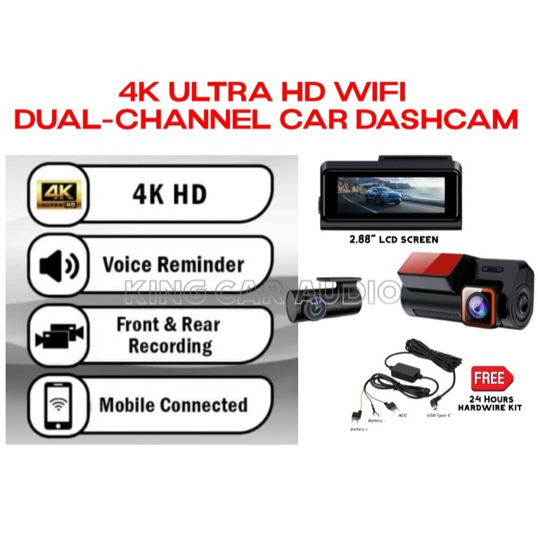 4K Ultra HD 2-Channel Front & Rear DashCam Night Vision App Control Car ...