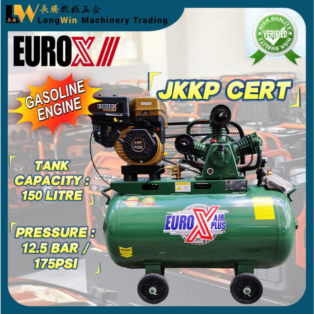 EUROX/// AIR PLUS EAG-8-15065E Heavy Duty Belt Engine Air Compressor 7HP 12.5Bar 150Litre c/w ...