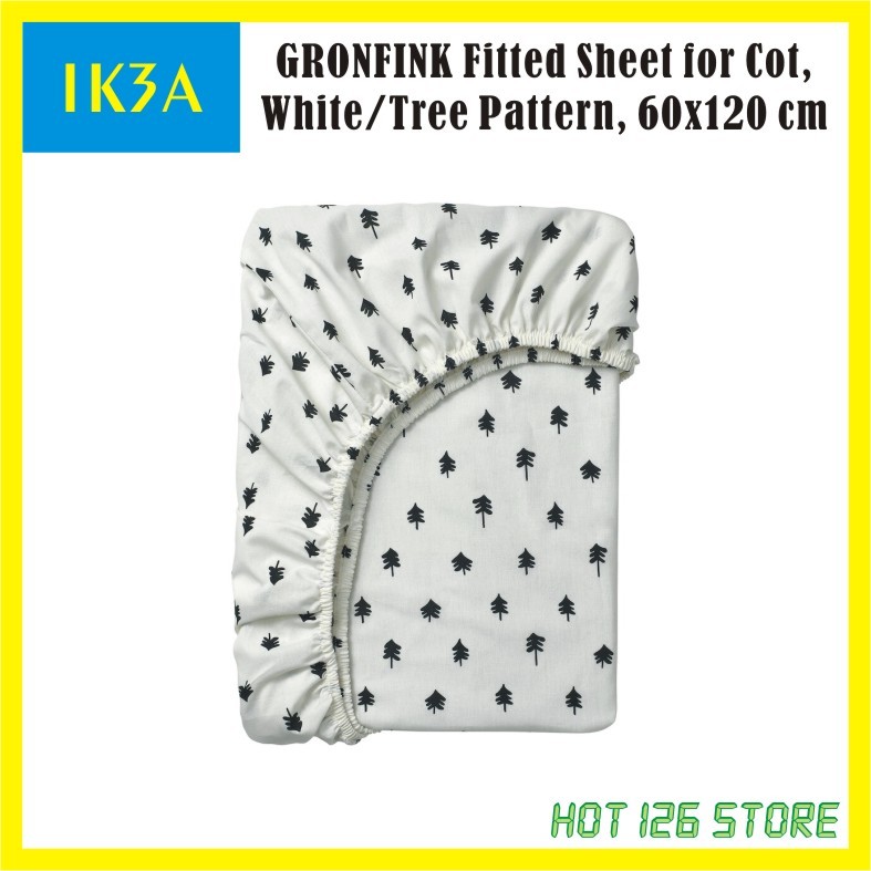 IKEA GRONFINK Fitted Sheet / Cadar Katil Bayi, White/Tree Pattern ...