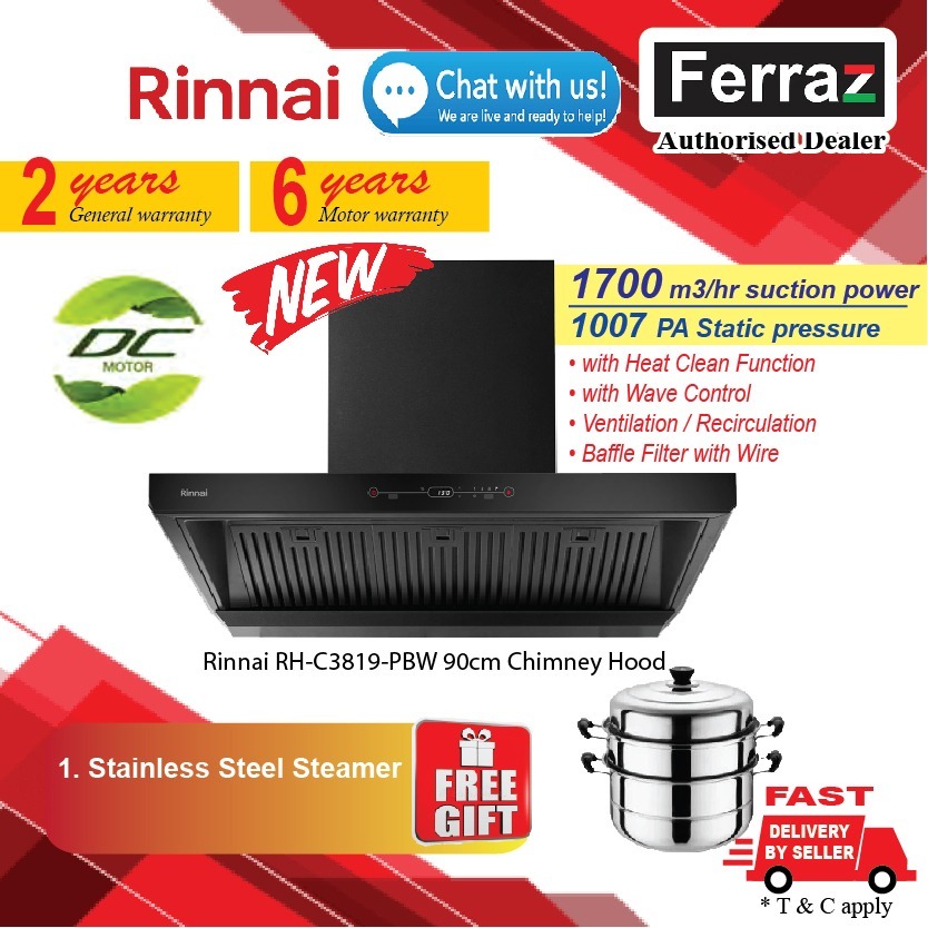 Rinnai RH-C3819-PBW 90cm Chimney Cooker Hood (Black) | Shopee Malaysia