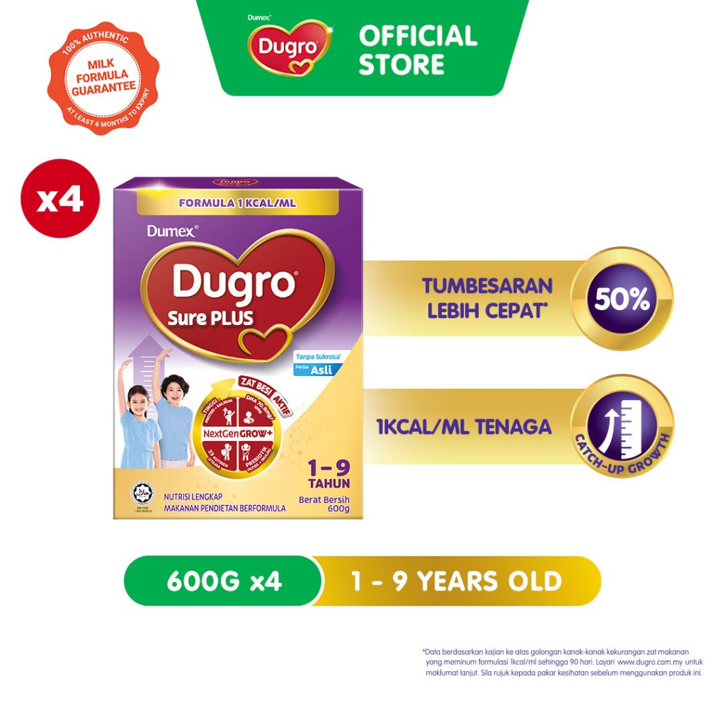Dumex Dugro Sure Plus Tailored Nutrition Milk Formula 1-9 years (600g x 4) (Susu, Milk Powder ...