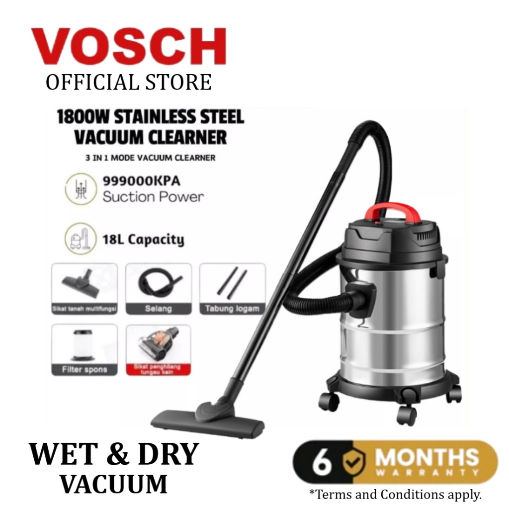 VOSCH Stainless Steel Vacuum Cleaner Wet And Dry 18L/1800W 3IN1Vacuum ...