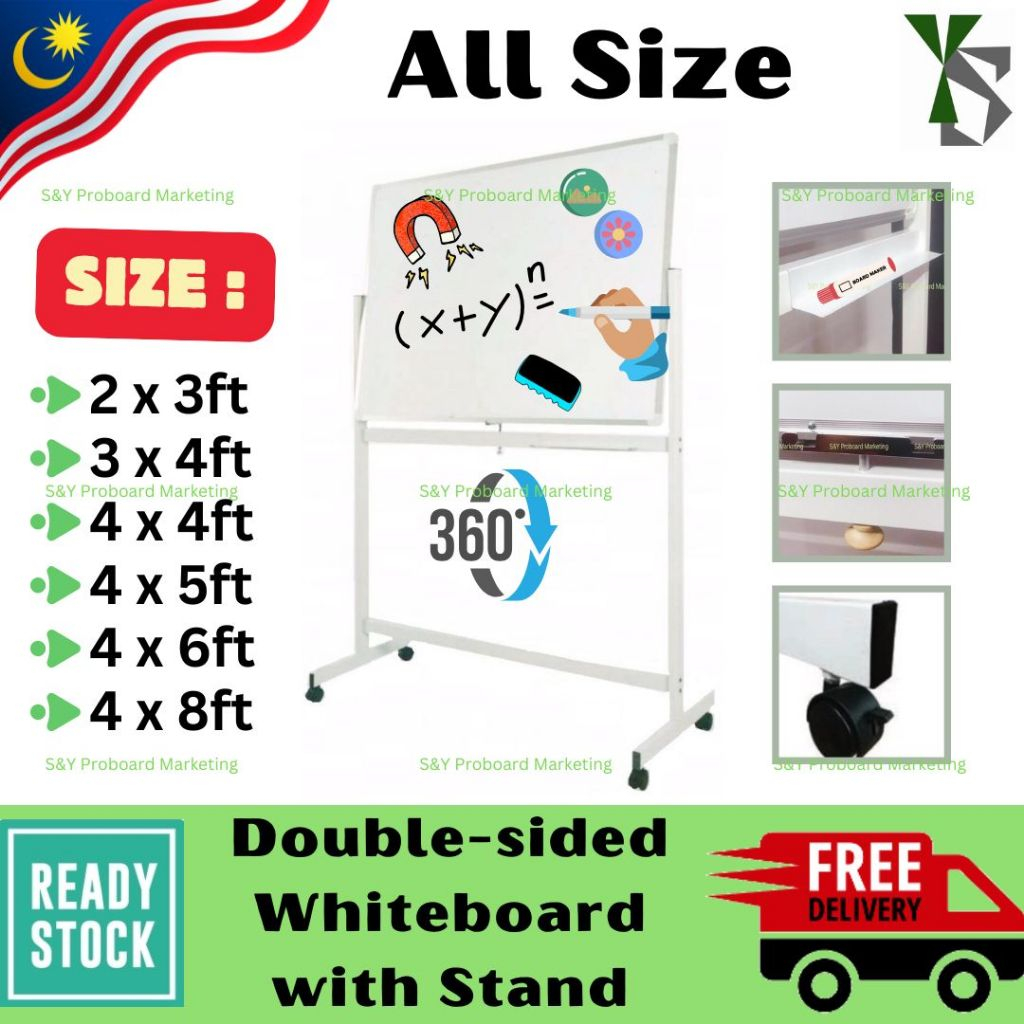 Papan Notis Dua Belah dengan Kaki / Double Sided Magnetic White board ...