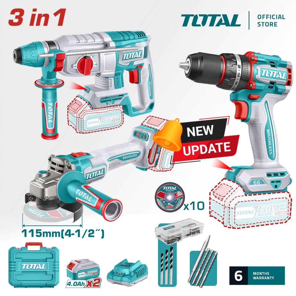 TOTAL Combo Kit (3 Pcs, Brushless) Impact Drill+Angle Grinder+Rotary ...