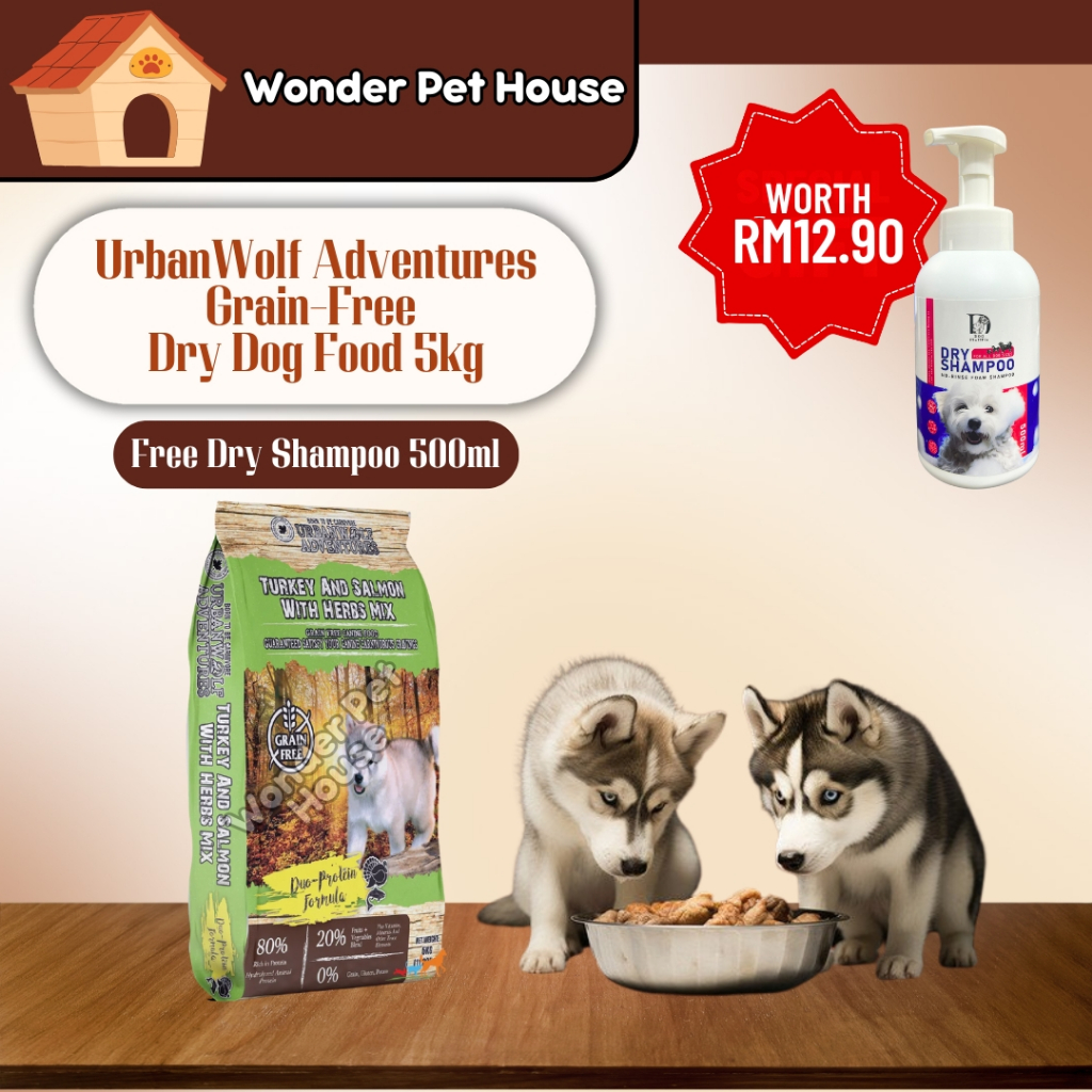 UrbanWolf Adventures Grain-Free Dry Dog Food 5kg – Turkey & Salmon with ...