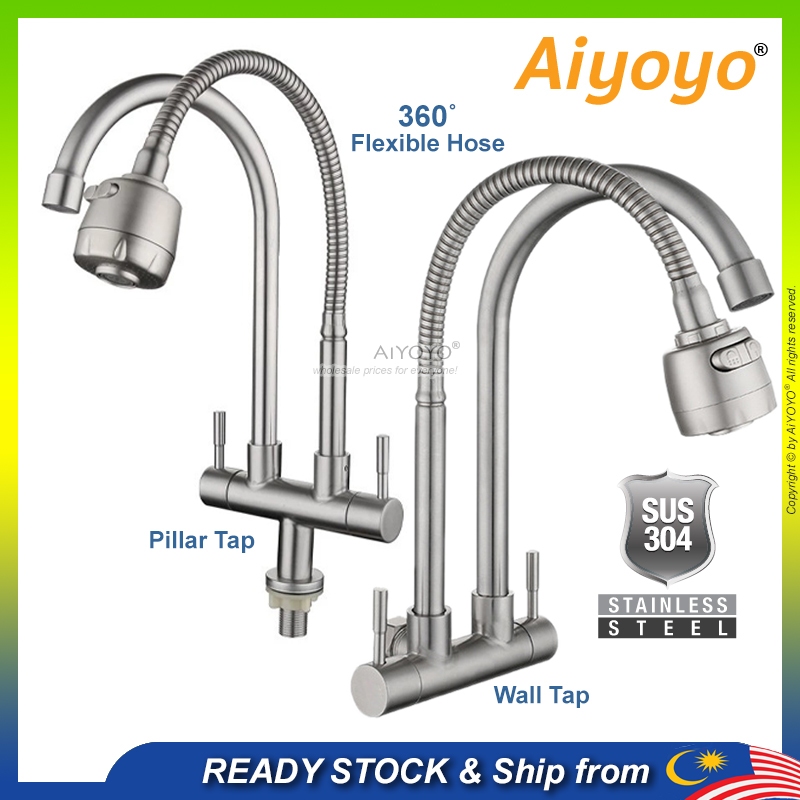Double Spout Kitchen Tap Sink Tap Stainless Steel 304 Flexible Hose Tap Wall Tap Faucet Water ...