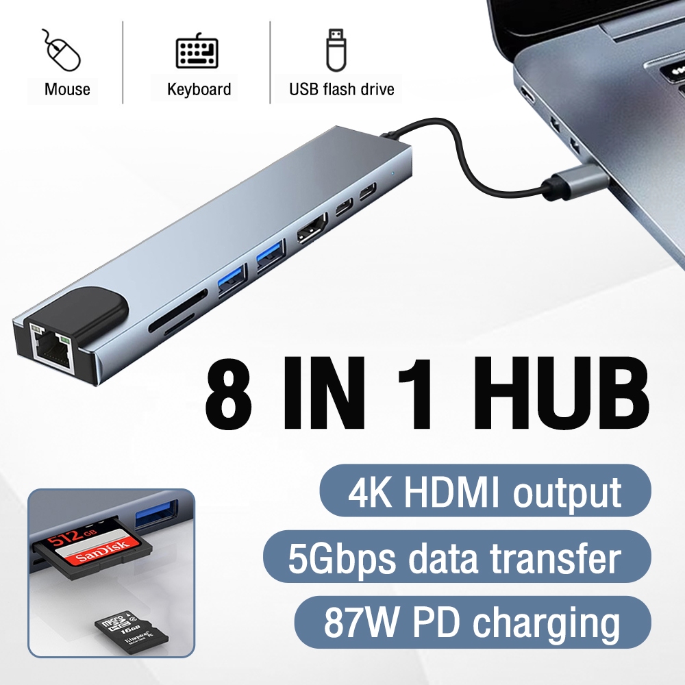 8-in-1 expander Type-c to HDMI 100W network card converter typec multi ...
