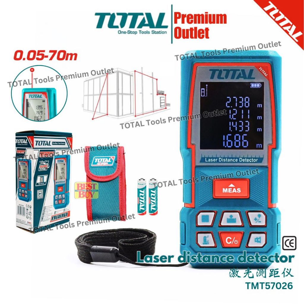 TOTAL Tools Laser distance detector, with AAA battery, Measuring Range ...