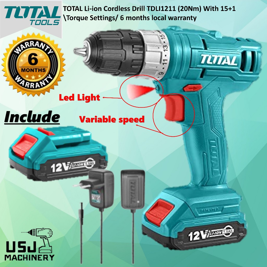 TOTAL Li-ion Cordless Drill TDLI1211 (20Nm) With 15+1 \Torque Settings ...