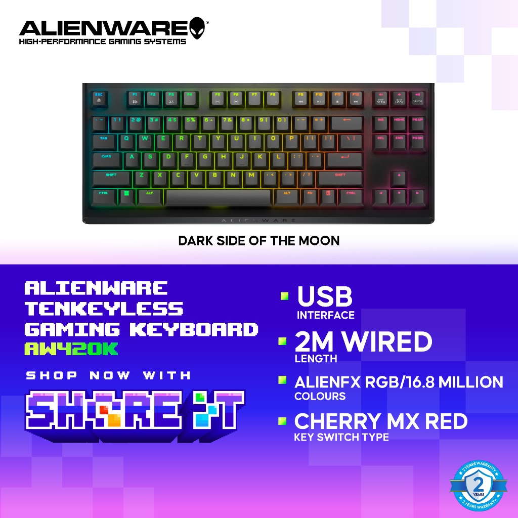 Dell ALIENWARE Tenkeyless Gaming Keyboard – AW420K RGB Lightning | USB | Cherry MX RED | Shopee ...