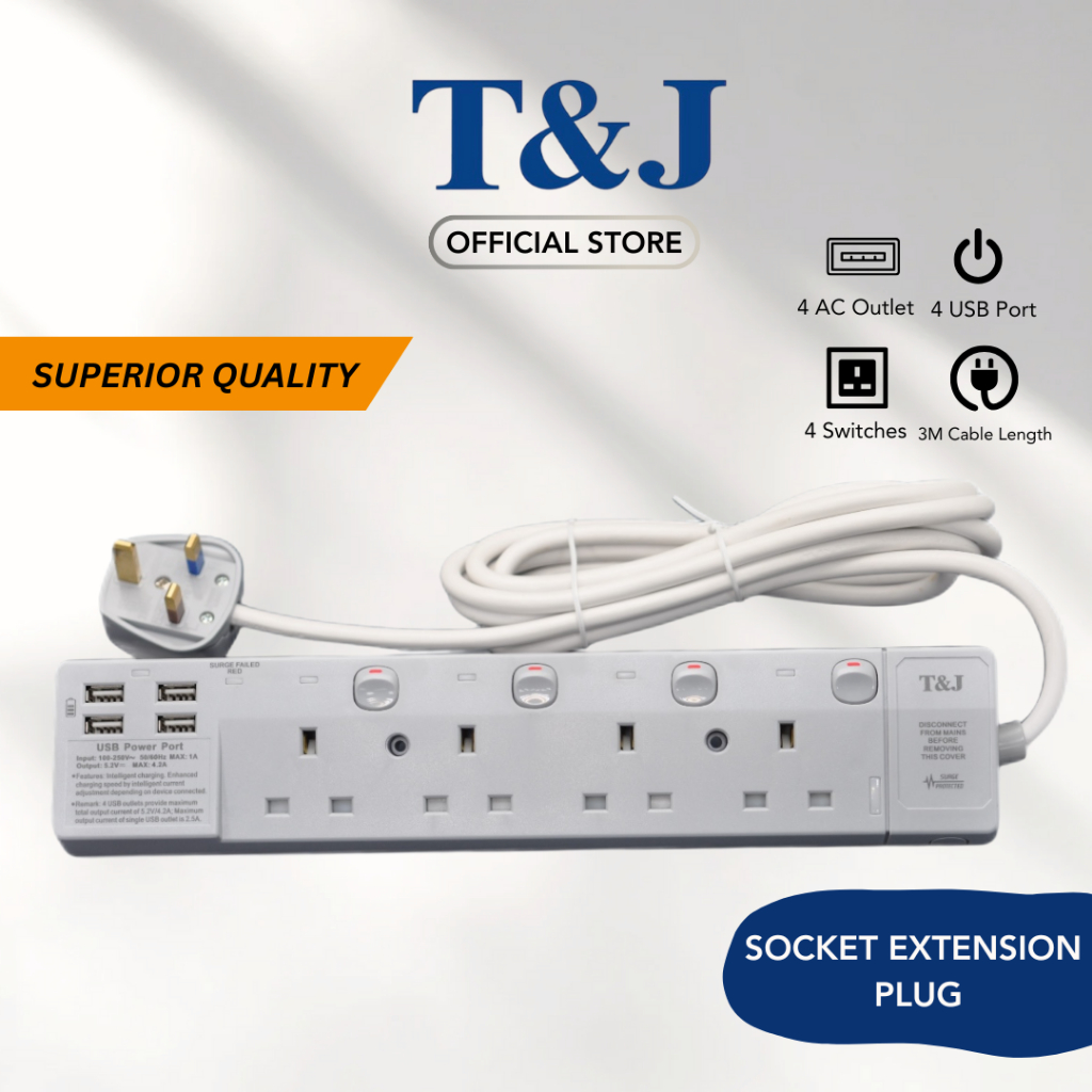 T&J Extension Plug Power Socket with 4 USB Charging port / Multi Plug ...