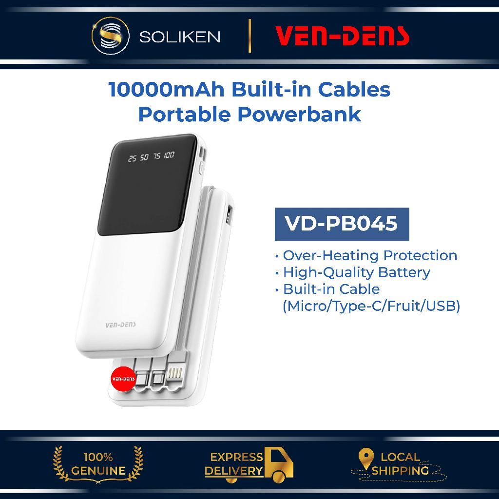 VEN-DENS VD-PB045 Powerbank 10000mAh Built-in Cables Portable Powerbank | Shopee Malaysia