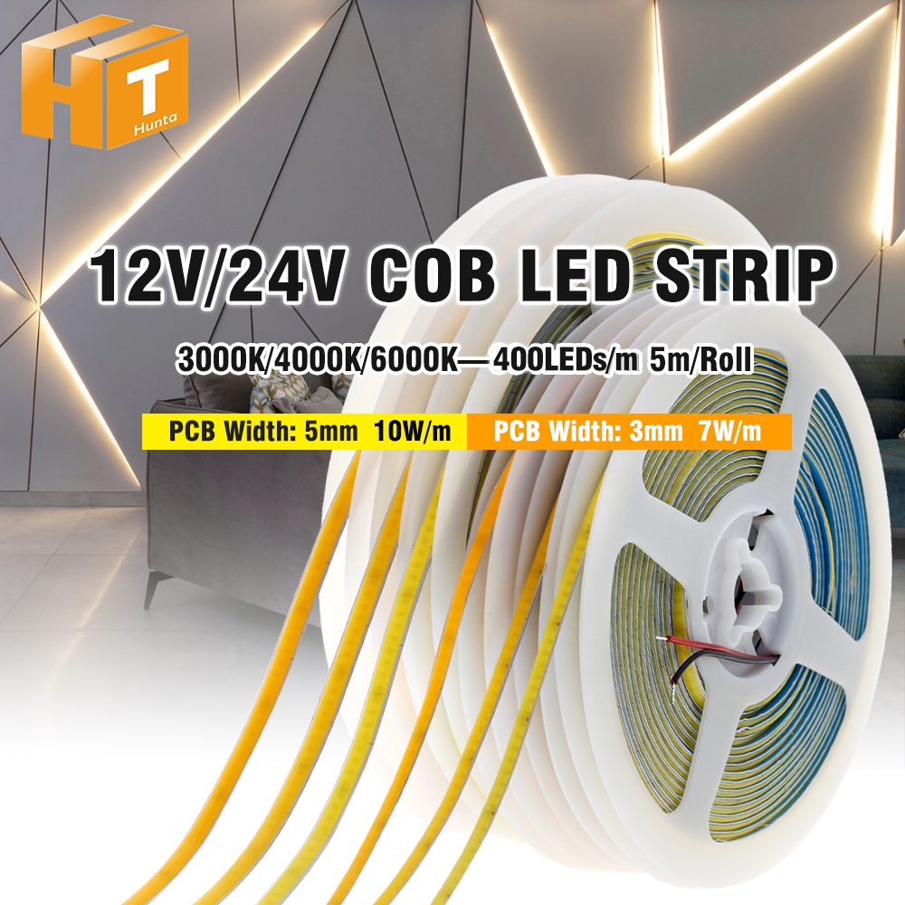 5M DC12V 24V COB LED Strip Light 400led/m 3mm 5mm Flexible Cuttable LED ...