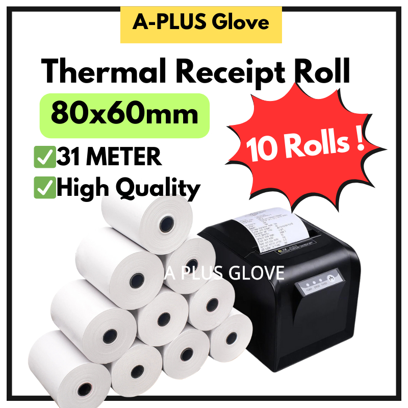 80mm x 60mm (10Rolls) Thermal Receipt Paper Rolls Kertas Resit Gulung ...