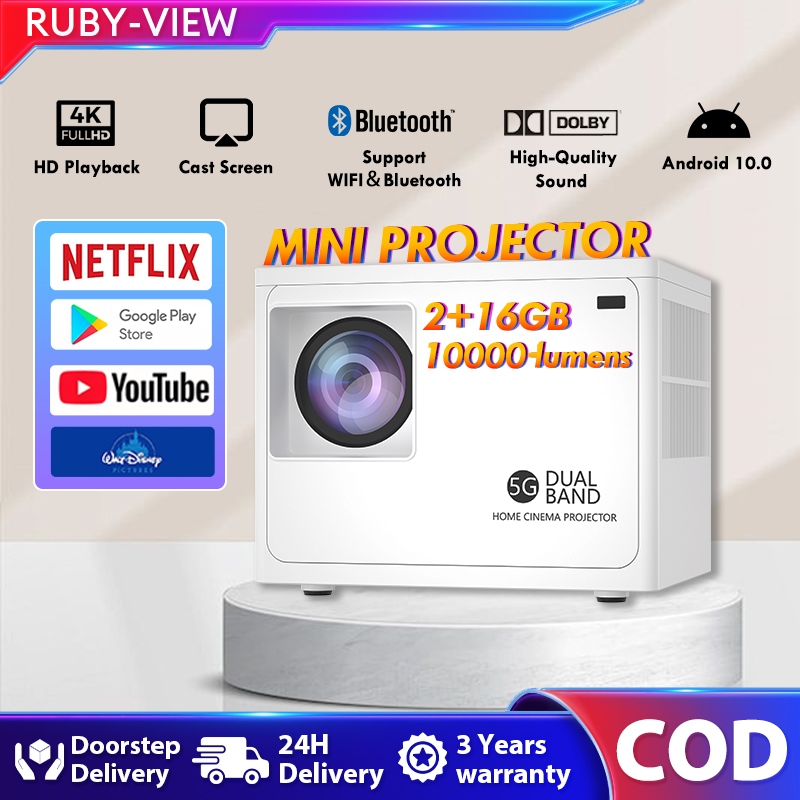 RUBY Smart Projector 4K Mini Portable Projector LED Android Bluetooth WiFi Youtube/Netflix ...