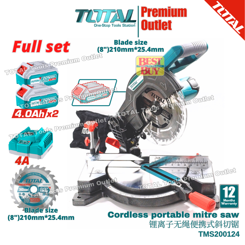 TOTAL Tools P20s 20V series Cordless portable mitre saw, w/ blade 8¼ ...