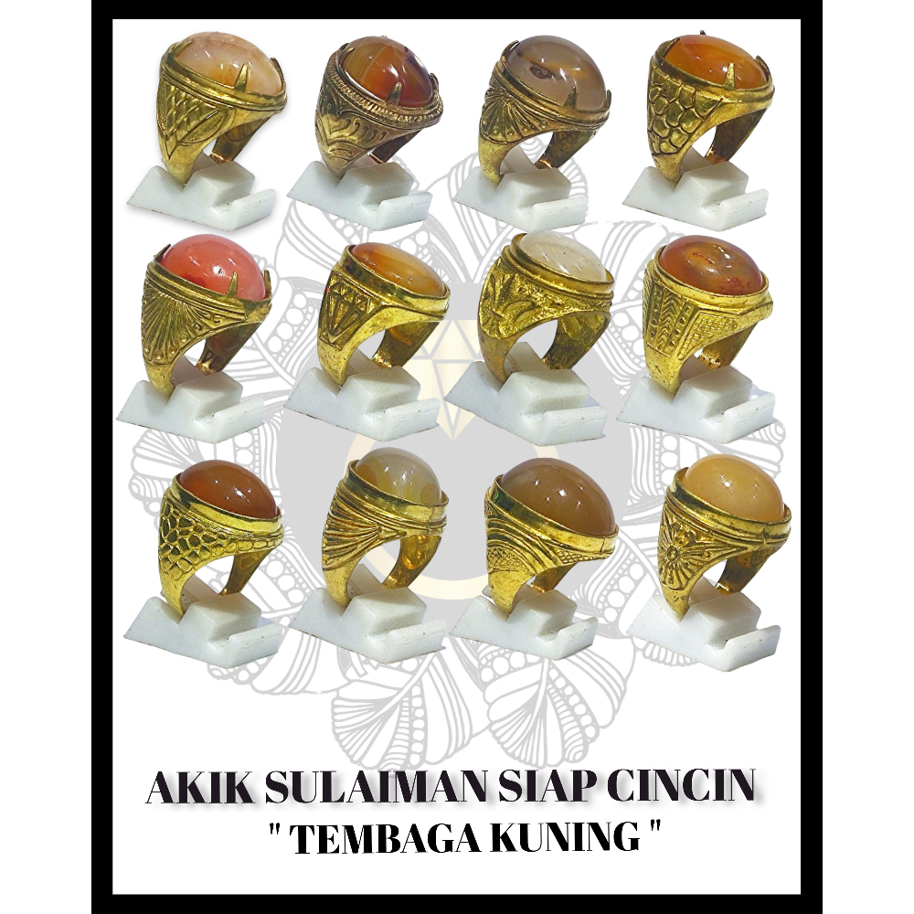 BATU AKIK SULAIMAN 1 SET RING / 12 DESIGN / TEMBAGA KUNING / WARNA ...