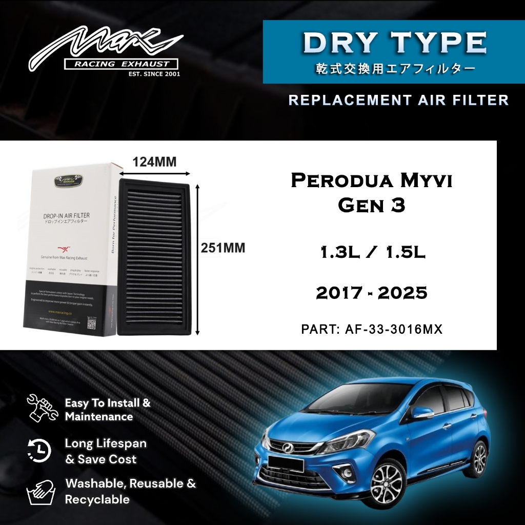 Perodua Myvi Gen 3 1.3L / 1.5L 2017 to 2025 33-3016MX Max Racing ...