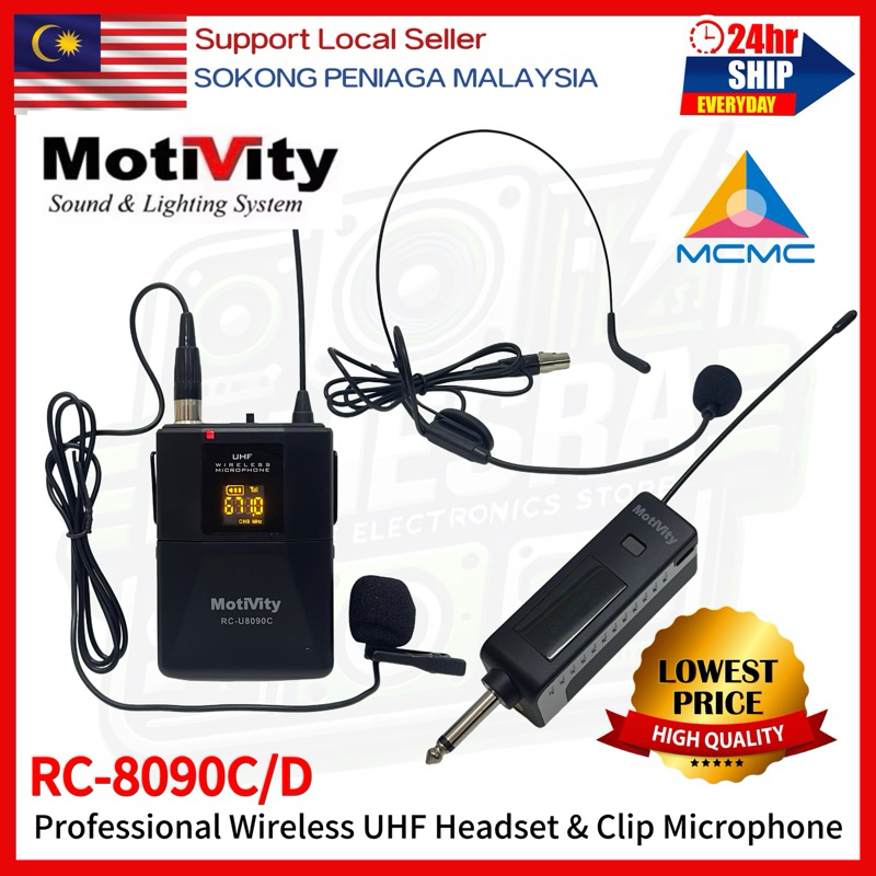 Motivity RC-8090 Professional Wireless mic UHF Headset & Clip Cordless ...