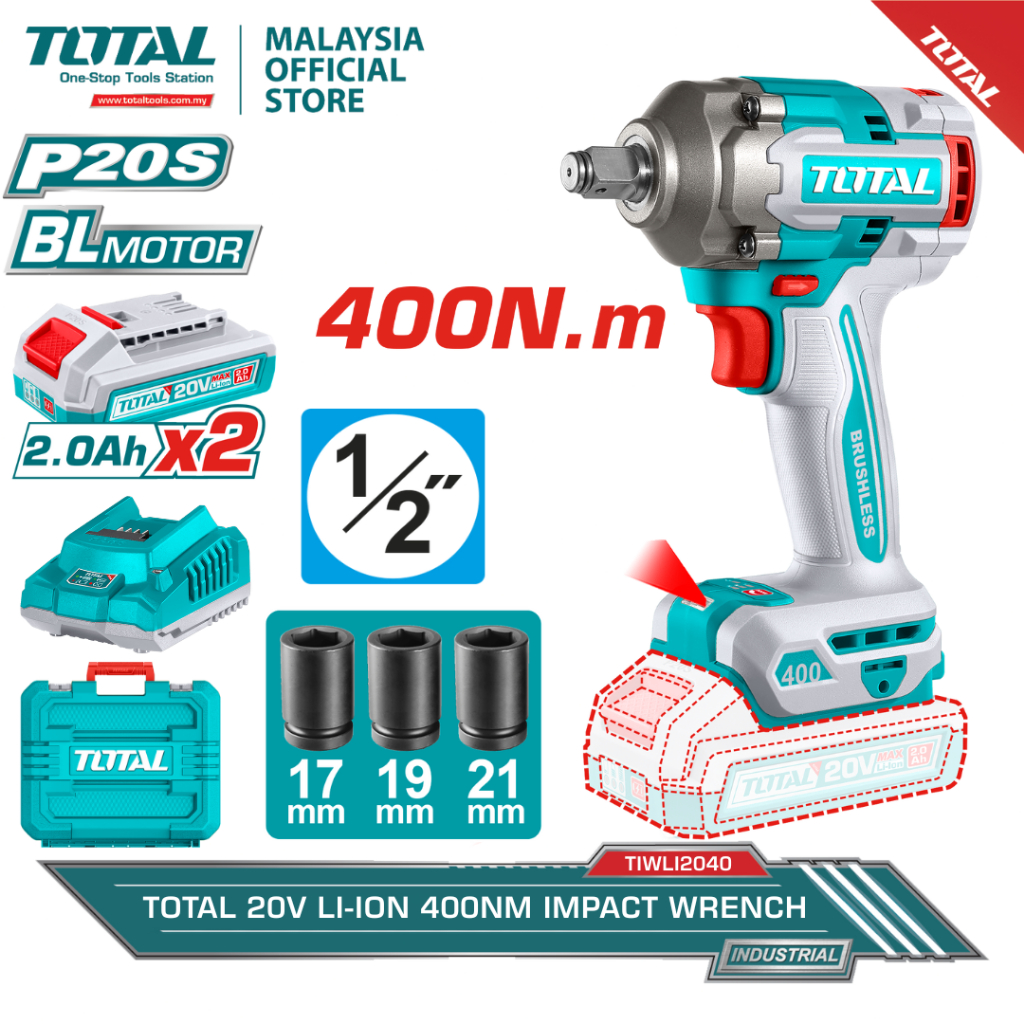 (Full Set) Total 20V Cordless Brushless Impact Wrench 400Nm W/Charger ...