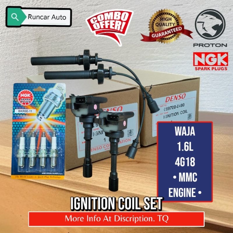 DENSO Plug Coil Set • Proton Waja MMC 1.6L 4G18 • With Original NGK Spark Plug BKR6E-11 & Plug ...