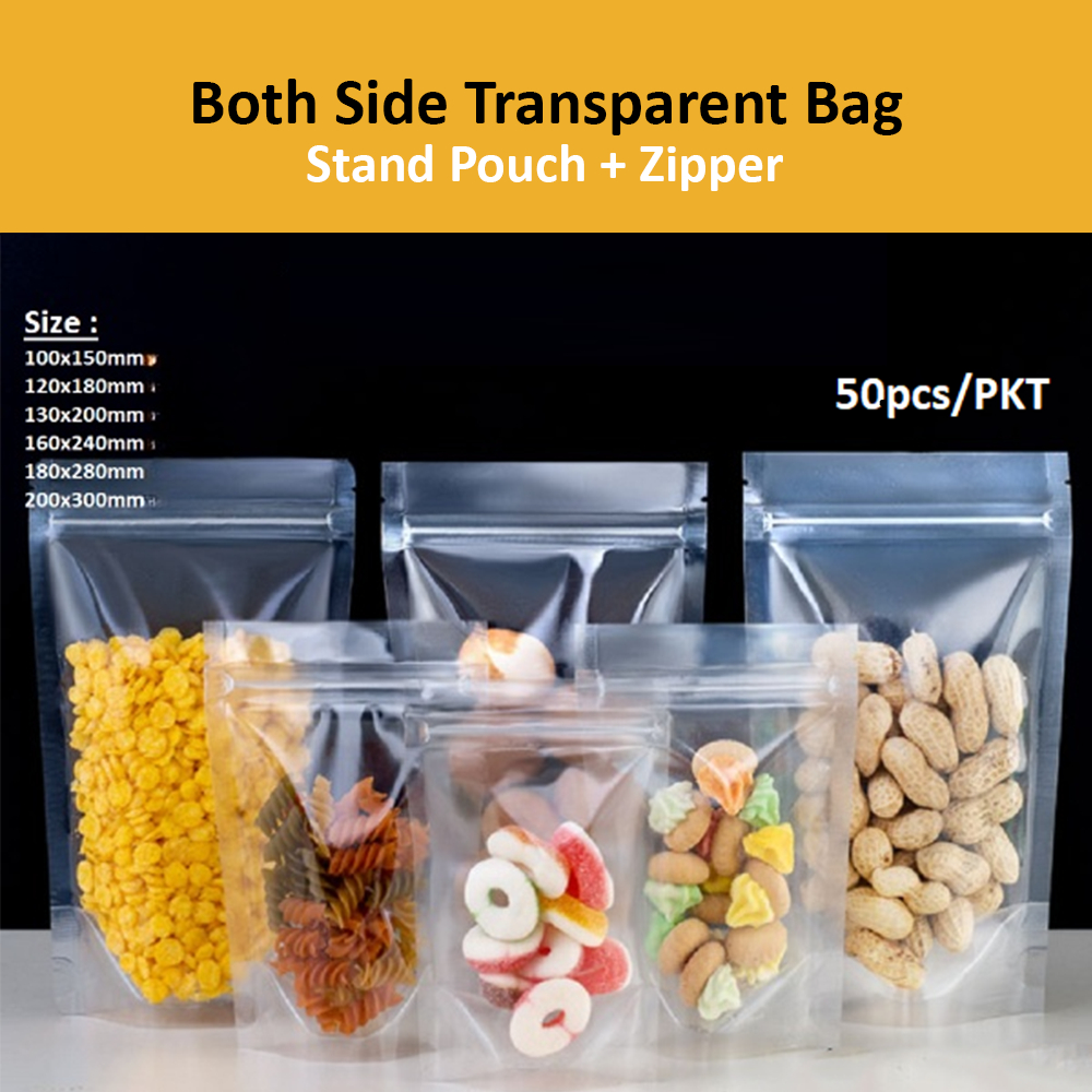 [50pcs] Transparent Stand Bag with zipper / Both side Transparent Stand ...