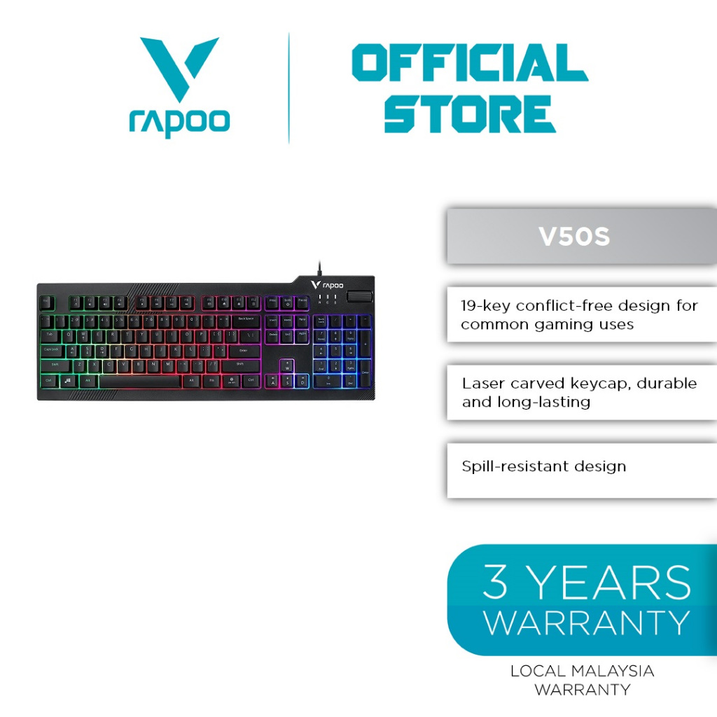 RAPOO V50S RGB Backlit Mechanical Gaming Keyboard / SPILL RESISTANT / LASER CARVED KEYCAP ...