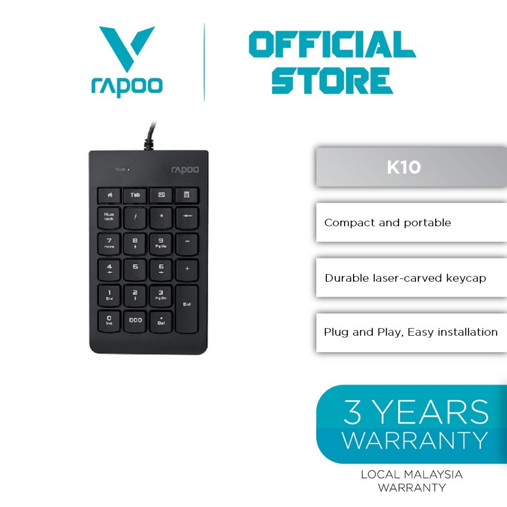RAPOO K10 COMPACT WIRED NUMERIC KEYPAD (23 KEYS) | Shopee Malaysia